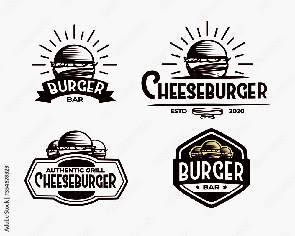 set of vintage handdrawn burger label logo design Stock Vector | Adobe ...