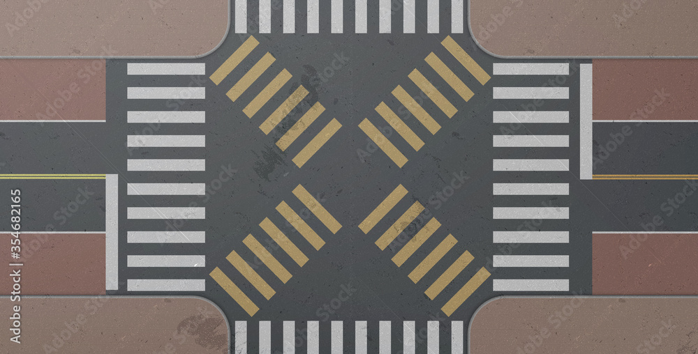 Zebra, road intersection top view. Crosswalk with white and yellow ...