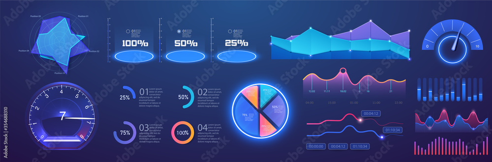 Futuristic neon infographic dashboard template with charts, diagrams elements, online statistics ...