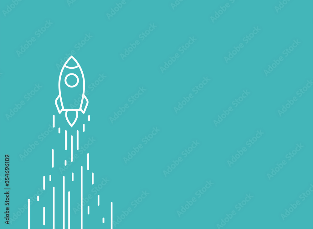 Rocket line ship with fire and clouds. Isolated on powder blue. Flat ...