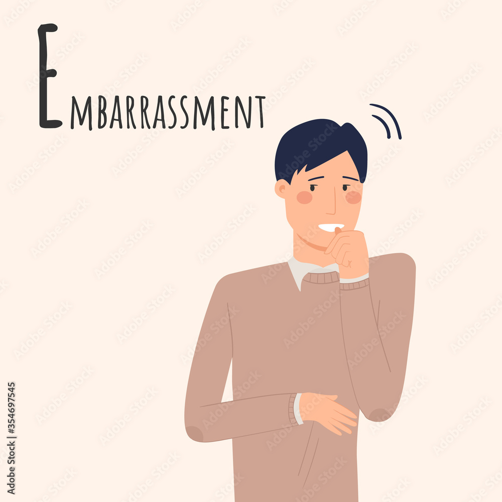 Alphabet Emotions concept. Male character embarrassed and confused ...