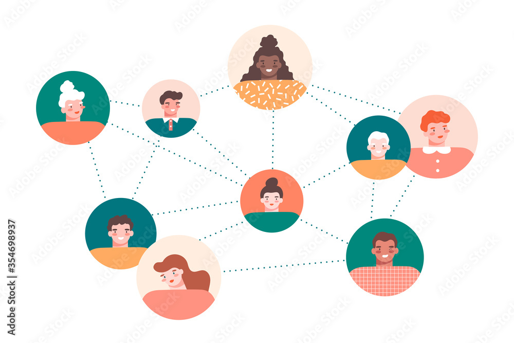 Vetor de Group of different happy people communicating around the world ...