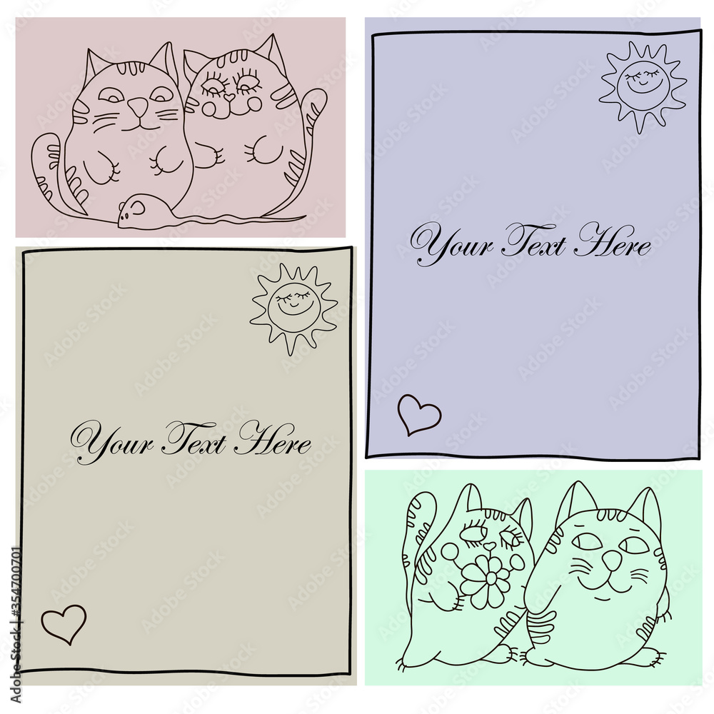 Vector drawing of couples of cats in love for various activities on a ...