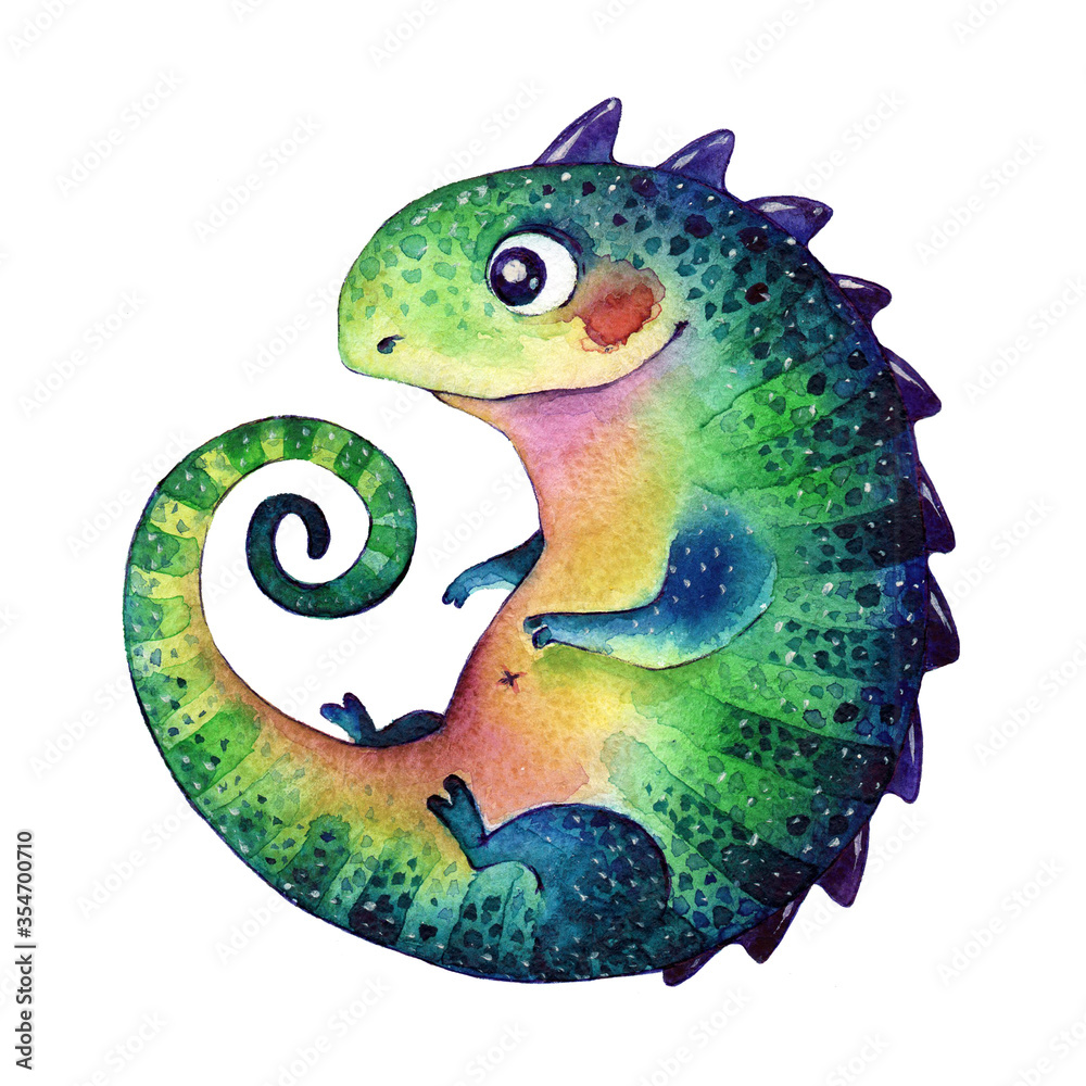 Watercolor hand drawn illustration of green smiling lizard isolated on ...