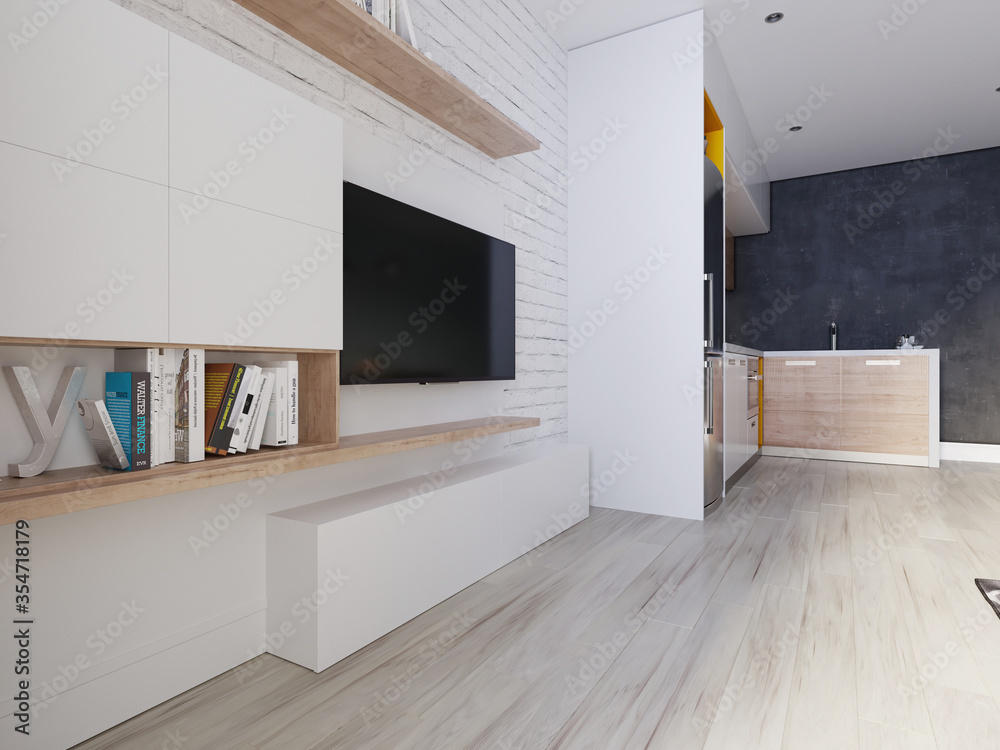 A TV unit, TV wall, TV set, with a TV and bookshelves. white decorative ...