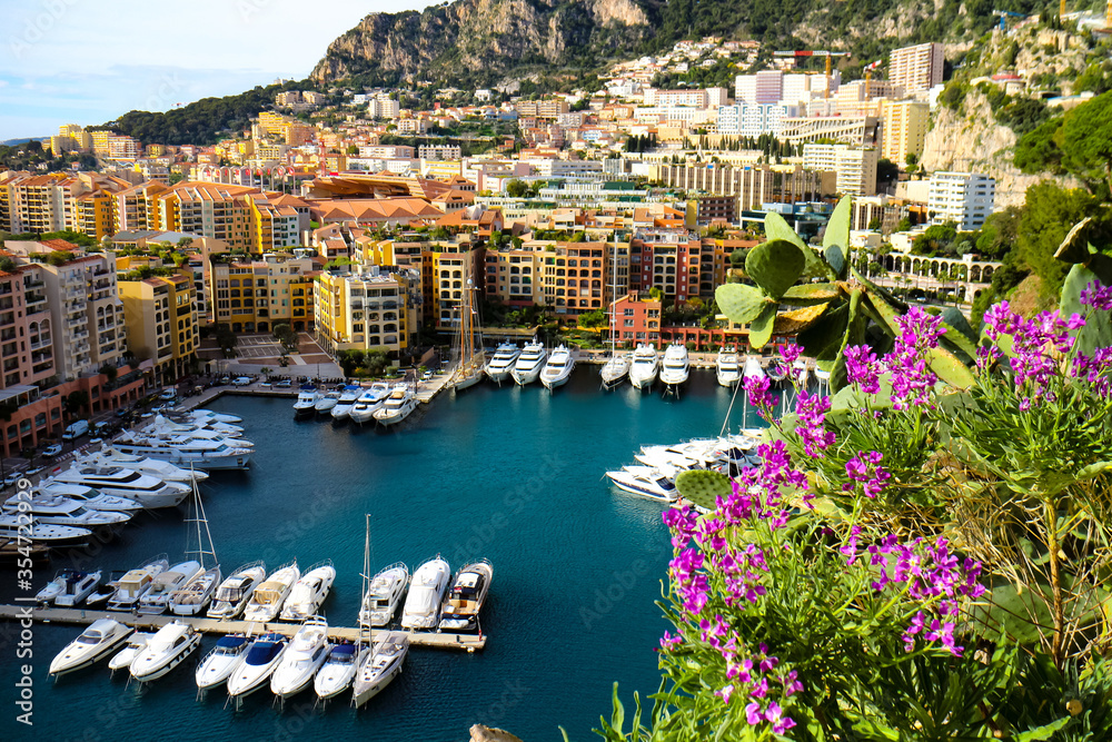 The old harbor of Fontvielle, Monaco, as seen from the Rock of Monaco ...