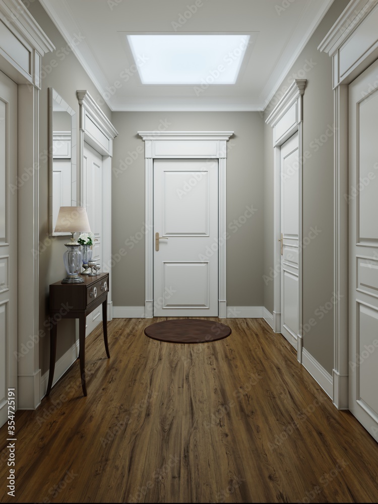 Classic modern hallway corridor interior with beige walls and white ...