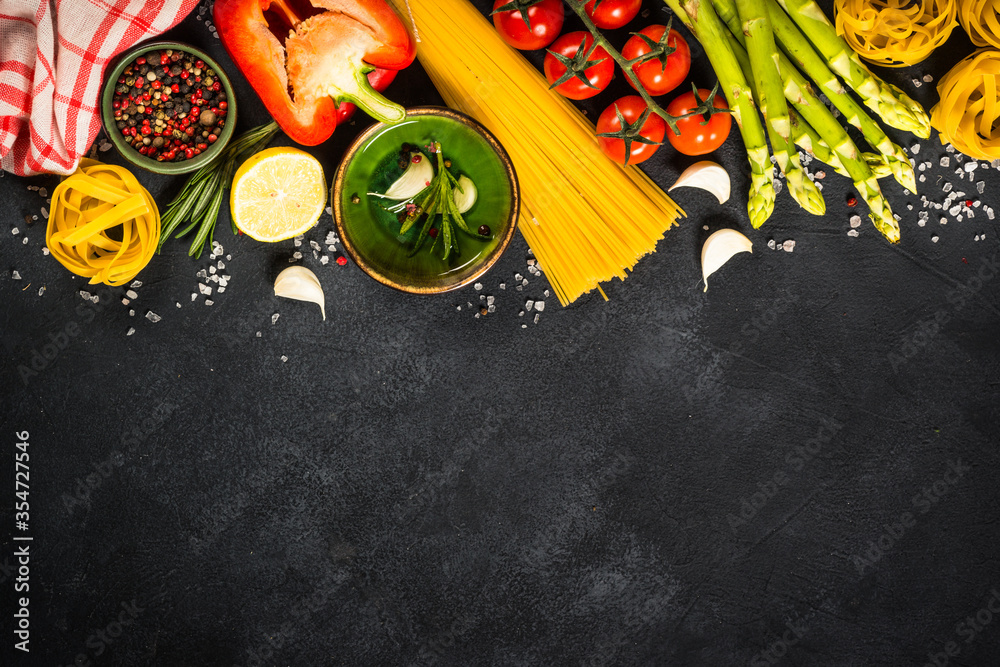 Food cooking background at black table top view. Stock Photo | Adobe Stock