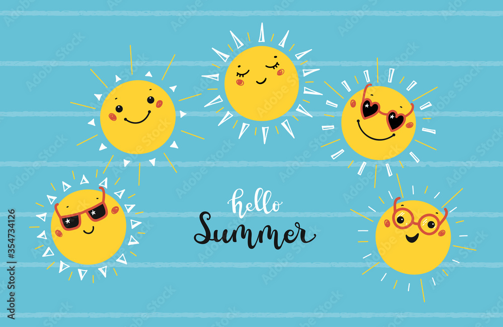 Summer Greeting Card with Cute Smiling Suns. Cartoon Doodle Funny ...