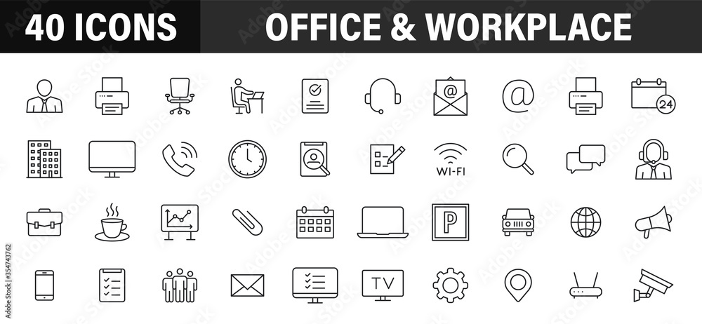 Set of 40 Office and workplace web icons in line style. Teamwork ...