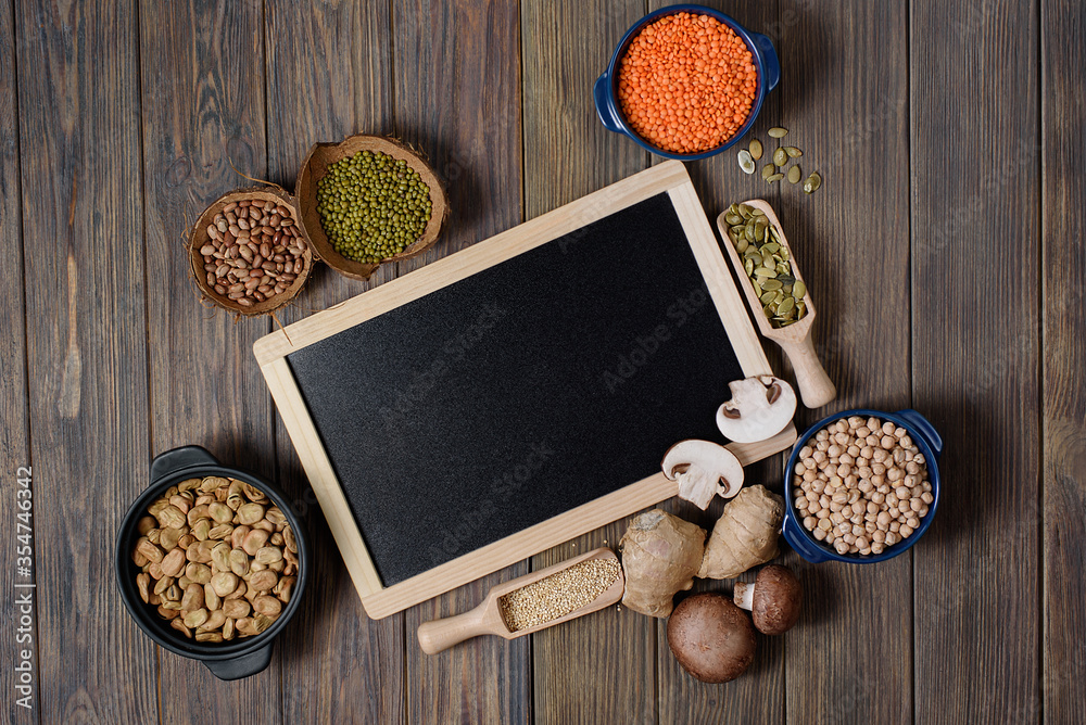 Legumes, lentils, chiсkpea and beans assortment top view. Composition ...