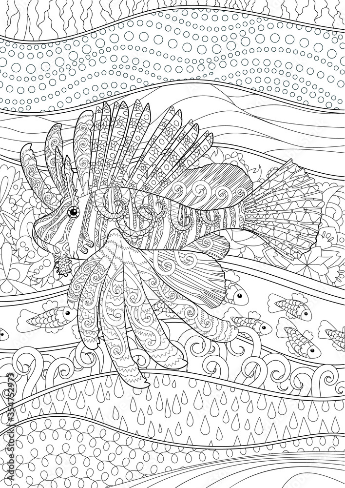 Coloring page for adults with lion fish and complex background in ...