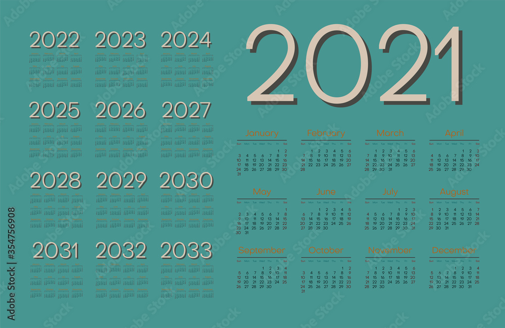 English calendar for years 2021-2033, week starts on Sunday Stock ...