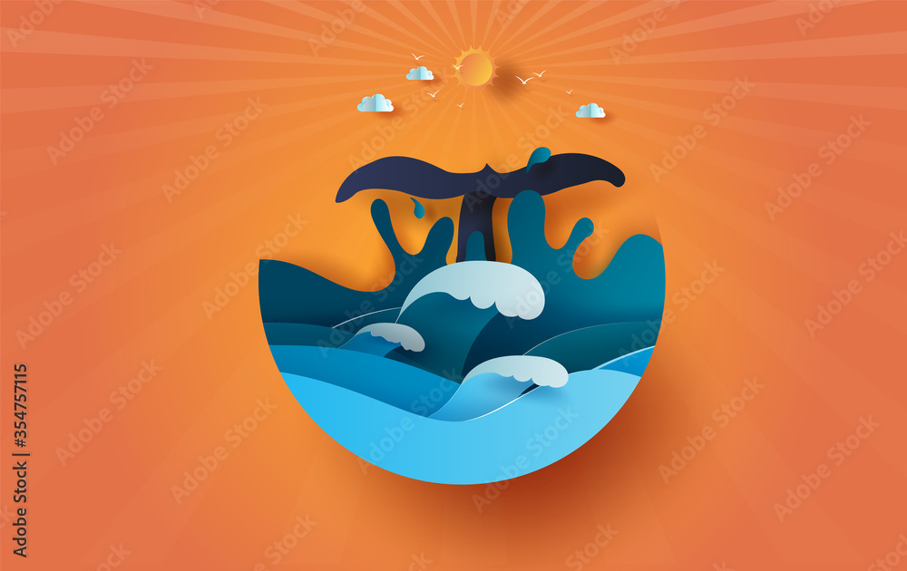 Tail whale on sea view sunlight sunset sky with circle concept, Summer ...
