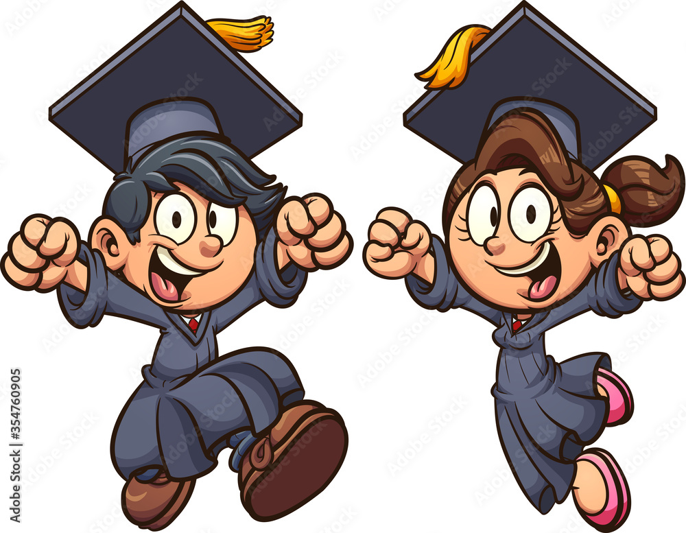 Graduating excited boy and girl wearing a cap and gown. Vector cartoon ...