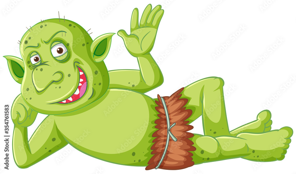Green goblin or troll smile while lying down in cartoon character ...