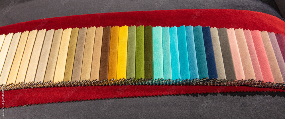Sofa color chart. Upholstery catalogue. Closeup of samples of fabric ...