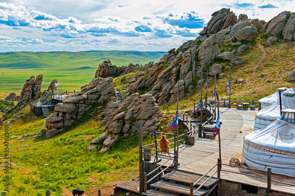 View of scenic Mongolian landscape and village in Gorkhi-Terelj ...