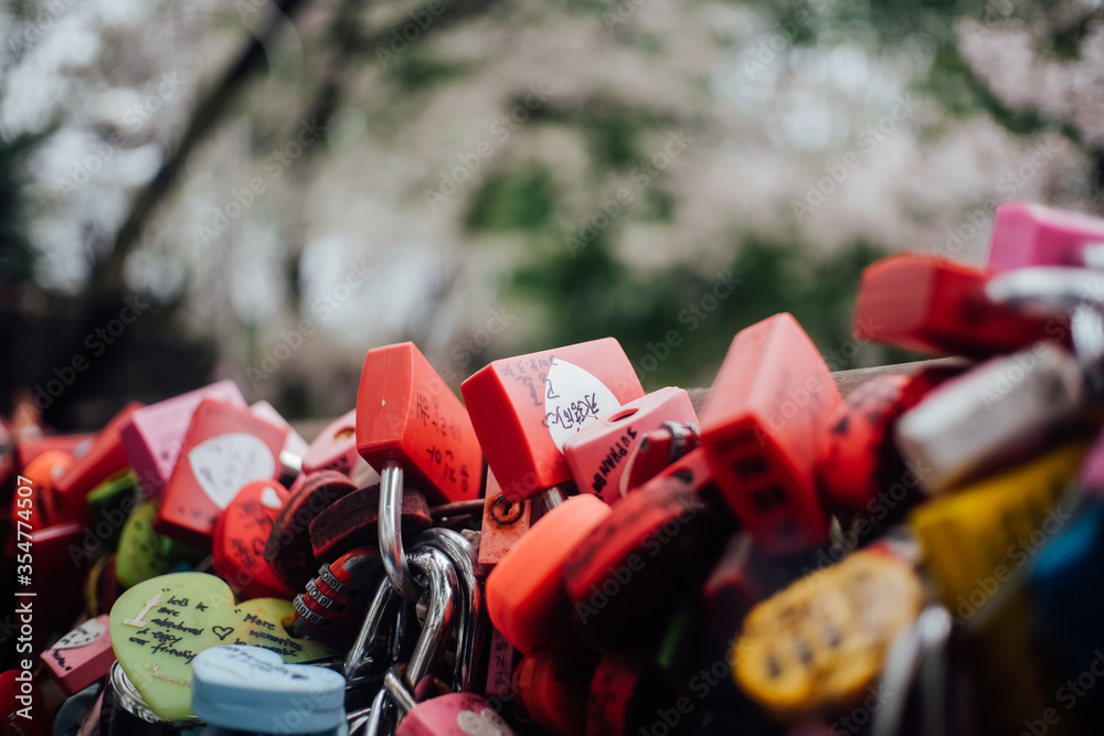SEOUL, SOUTH KOREA : The Love Locker with Cherry blossom background at ...