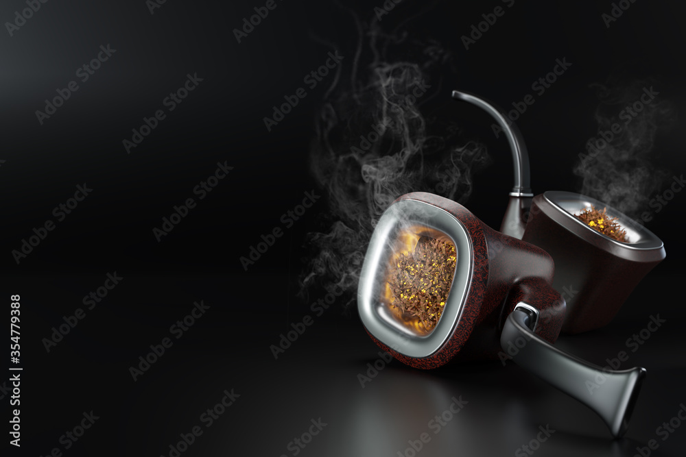 Two vintage pipe smoke placed on black background in dark. There is ...