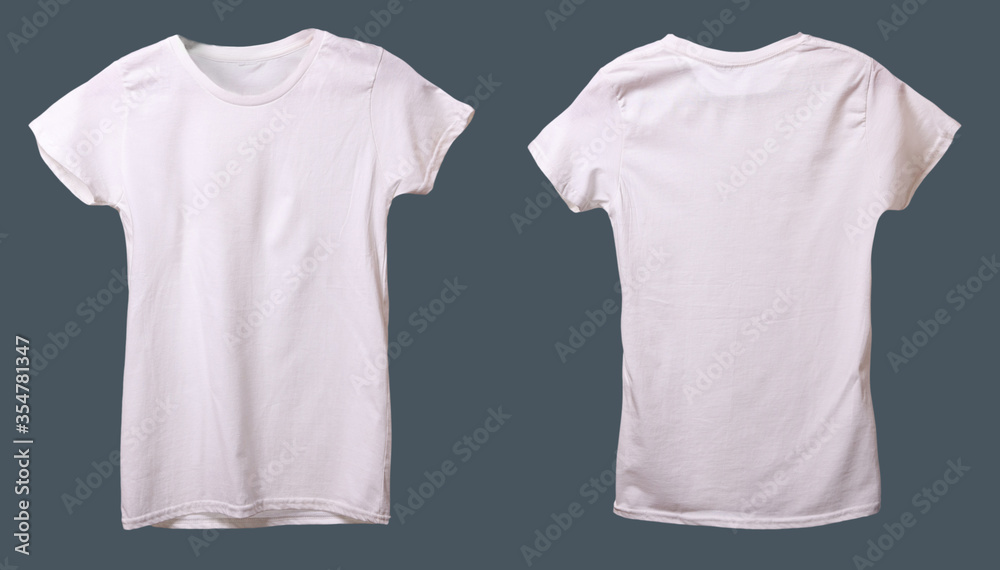 Womens white t-shirt template, isolated on gray background, front and ...