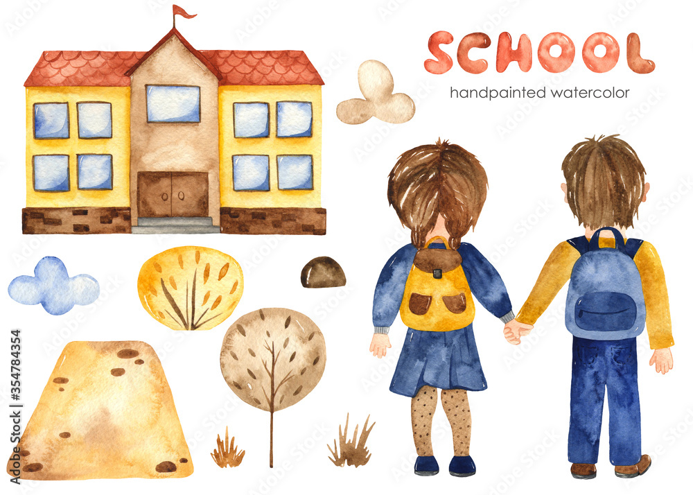 Watercolor school set with students, school building, road, trees Stock ...