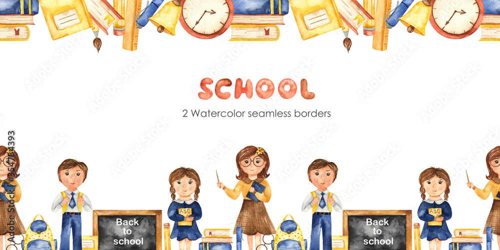 Watercolor seamless border with school teacher, students, blackboard ...