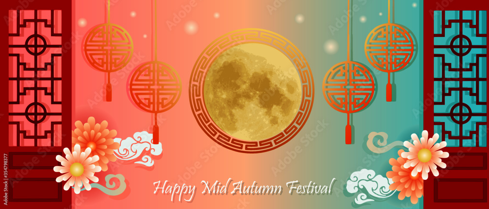 Mid Autumn Festival of Asian style for template with full moon, lantern ...