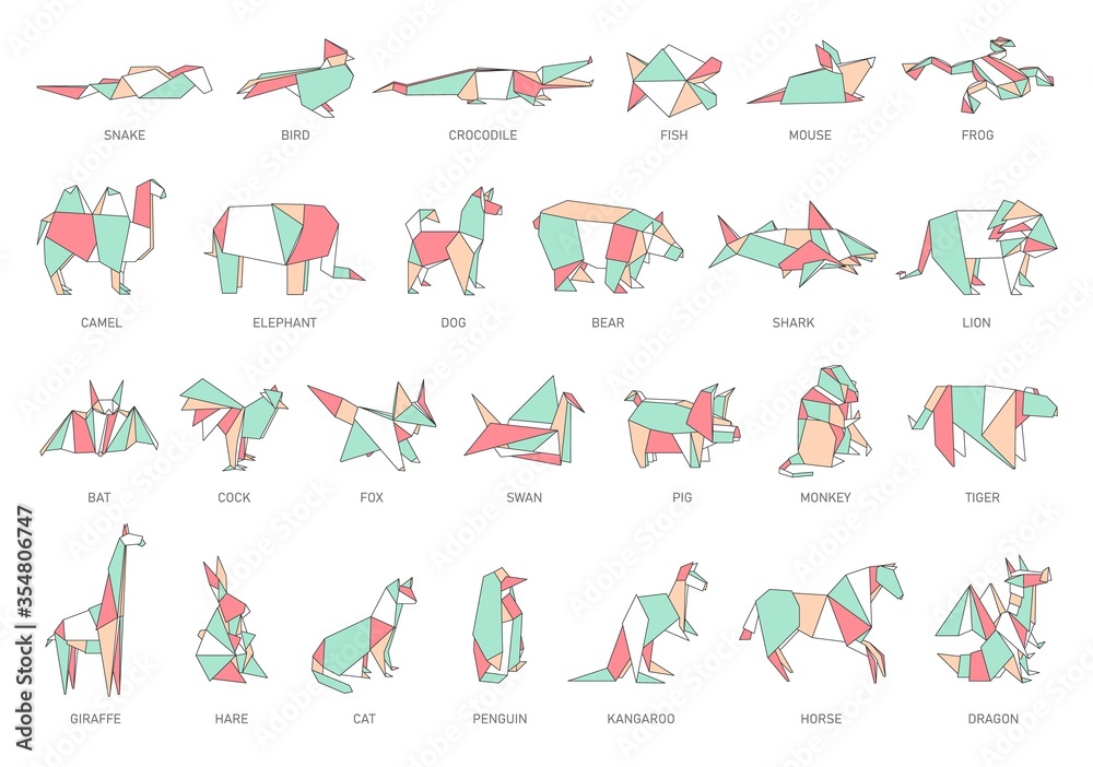 Set of animal paper origami in flat style with snake and bird ...