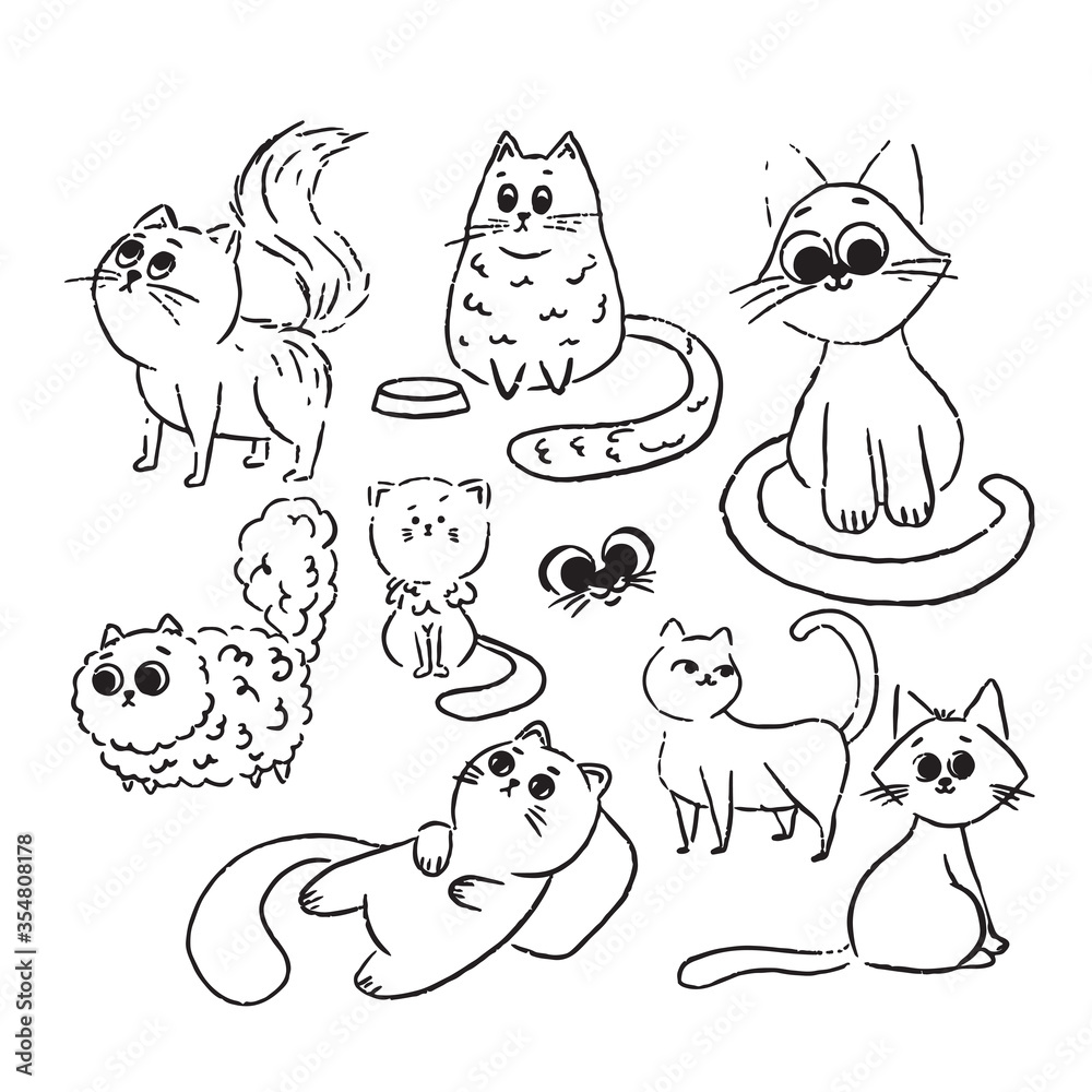 Set of different linear doodle cute cats of different shapes and in ...