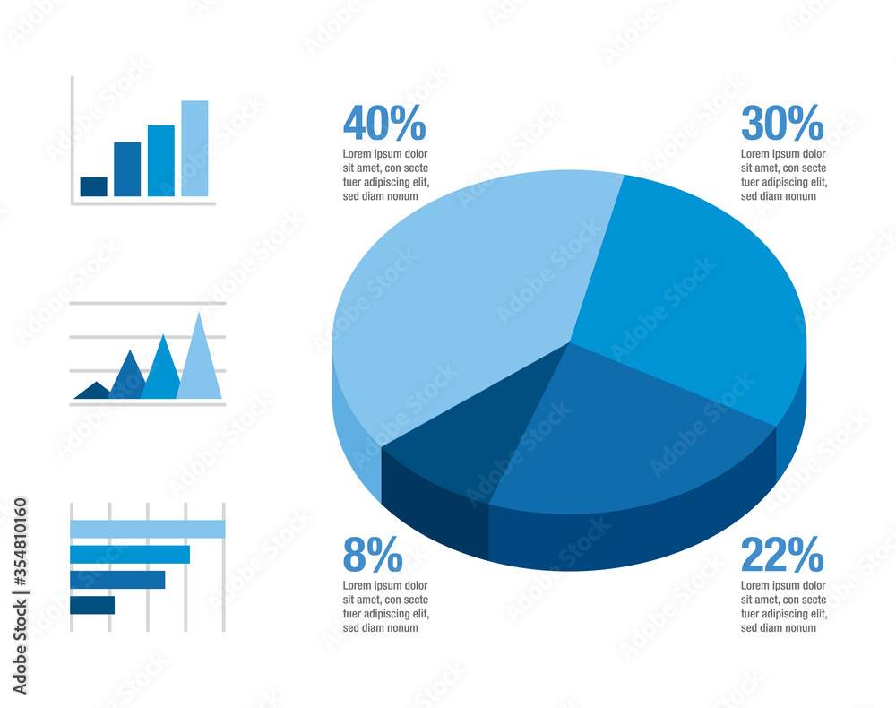 Blue gradient infographic with element icons. Flat design pie charts ...