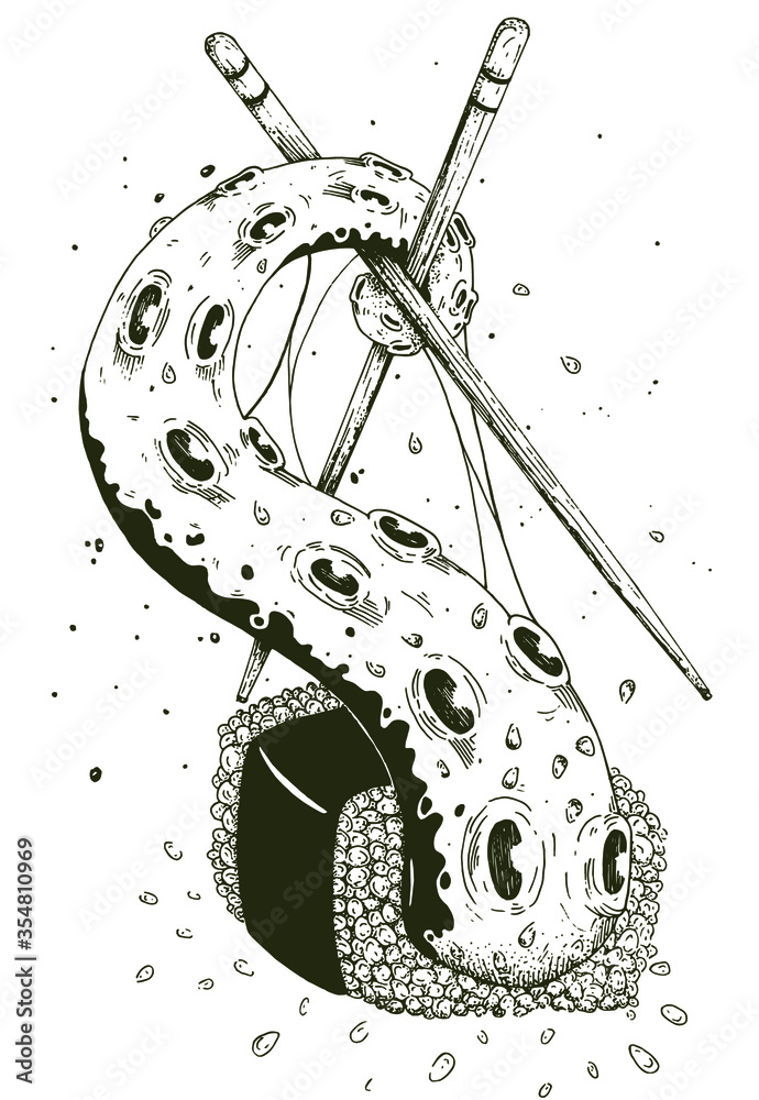 Vector hand drawn tako sushi illustration. Octopus tentacle on nigiri ...