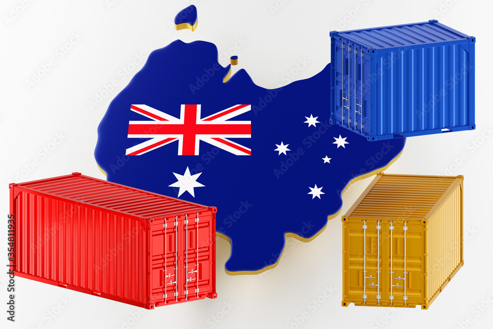 3D map of Australia. Freight shipping in containers. Export from the ...