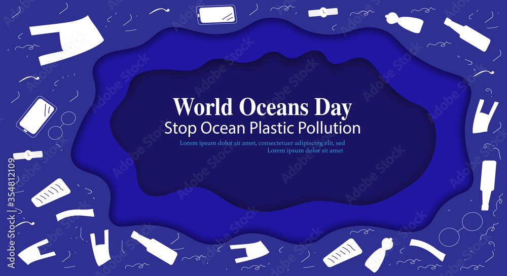 Stop ocean plastic pollution, World oceans day with plastic on blue ...