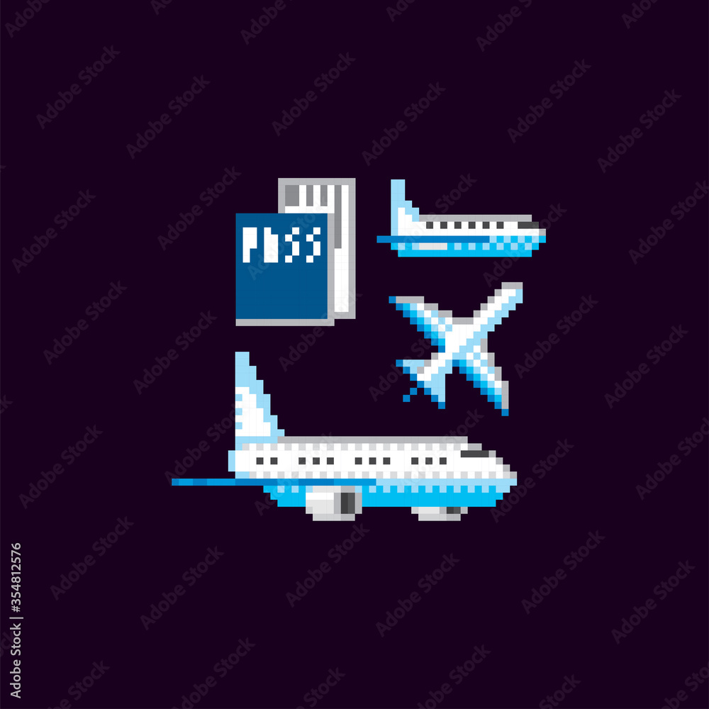 Airplane, passport, ticket. Air transport icons set. Pixel art. Old ...