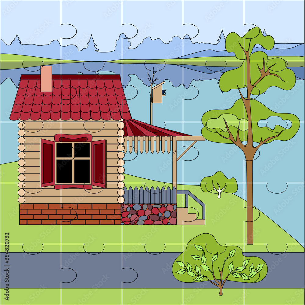 Puzzles Vector image of a summer cartoon landscape with a wooden house ...