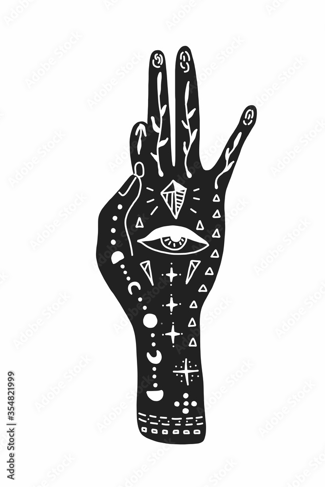 Vector illustration of a hand with tattoos, an alchemy symbol with an ...