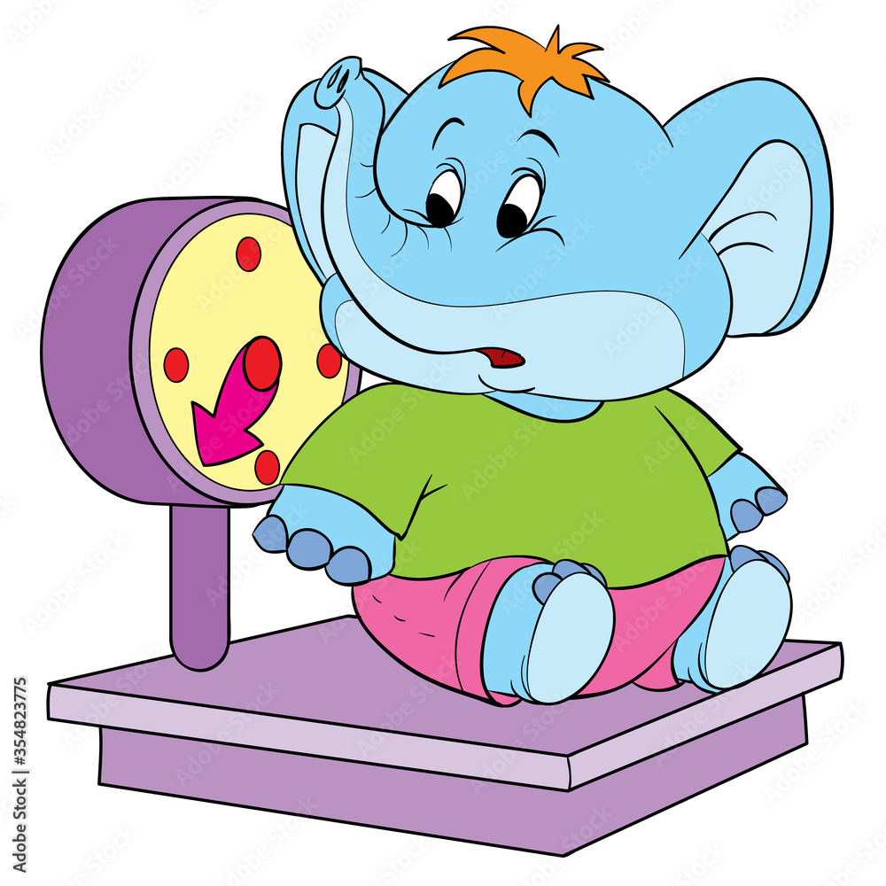 cute elephant character sits on large scales and is surprised, isolated ...