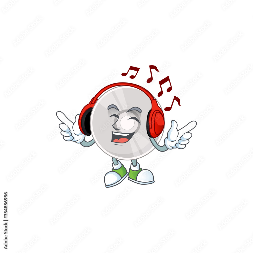 Cartoon drawing design of compact disk listening to the music with ...
