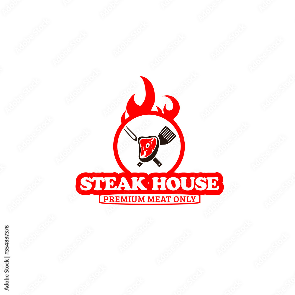 Vector illustration of burning red circle frame with sliced meat, fork ...