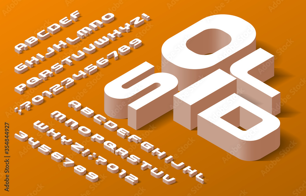 Solid alphabet font. 3d isometric letters, numbers and symbols with ...
