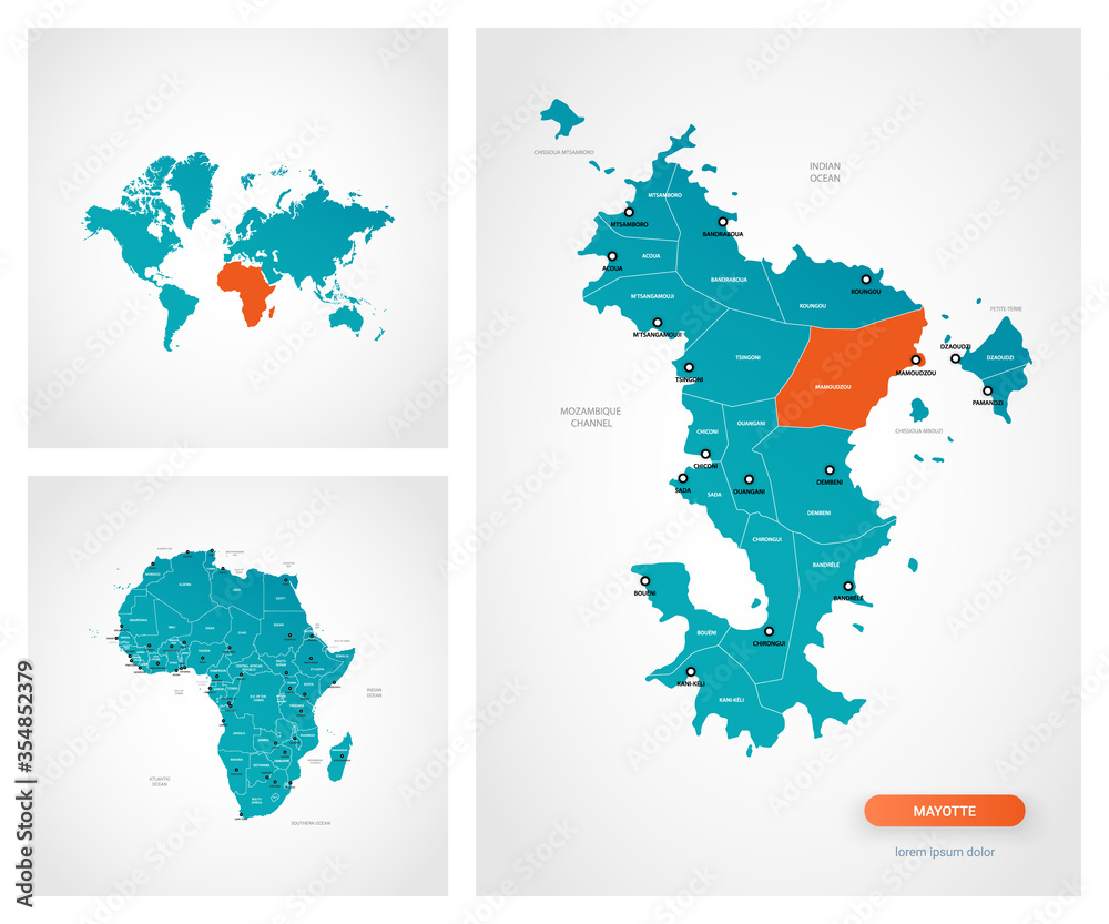 Editable template of map of Mayotte with marks. Mayotte on world map ...