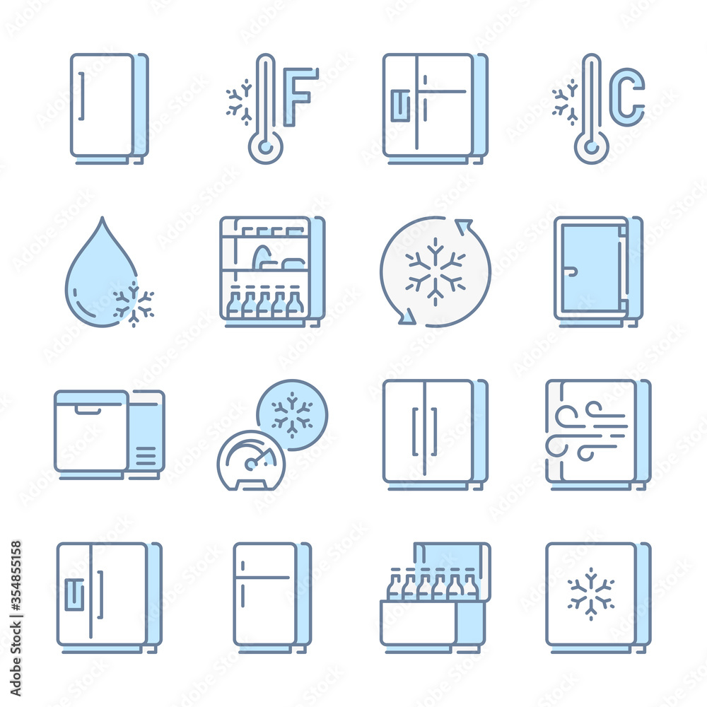 Fridge and Refrigerator related blue line colored icons. Freezer and ...