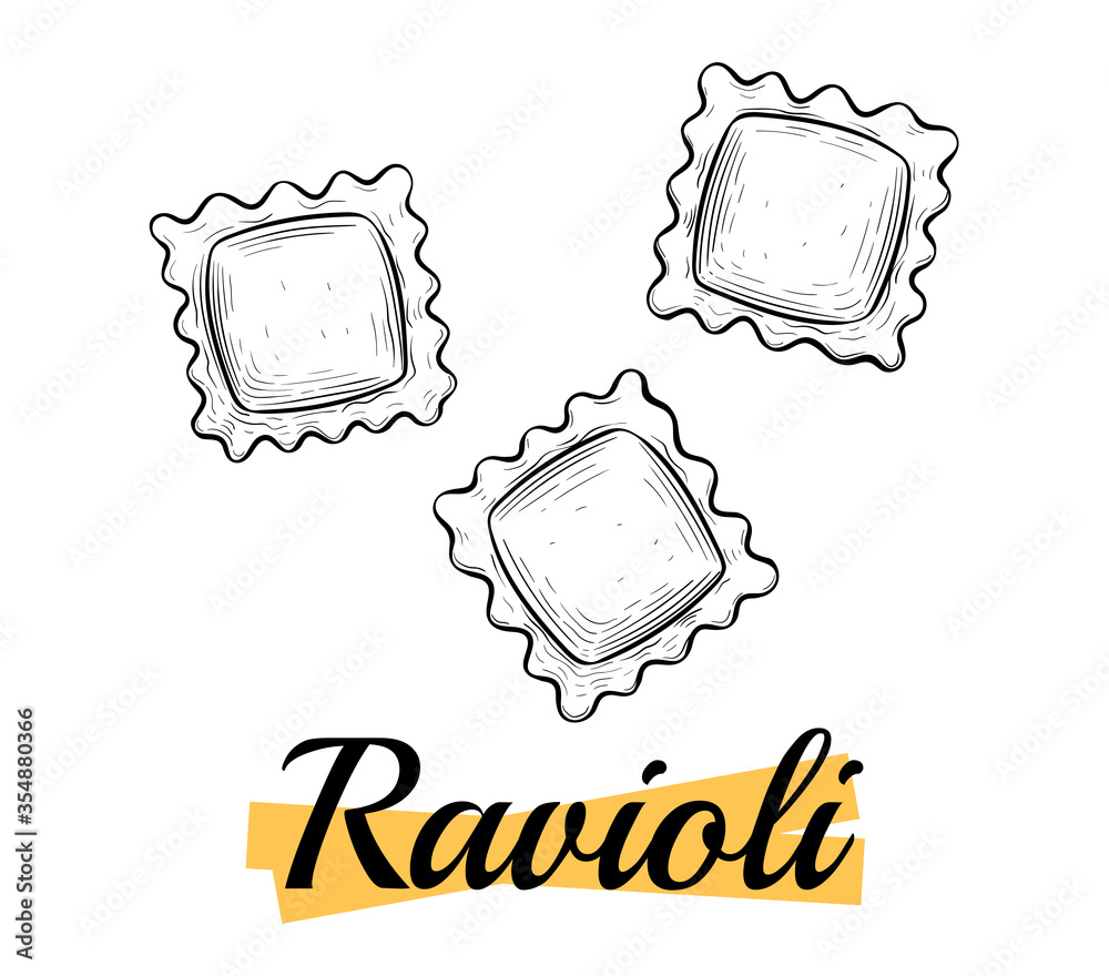 Ravioli paste. Italian cuisine. Detailed illustration in the style of ...