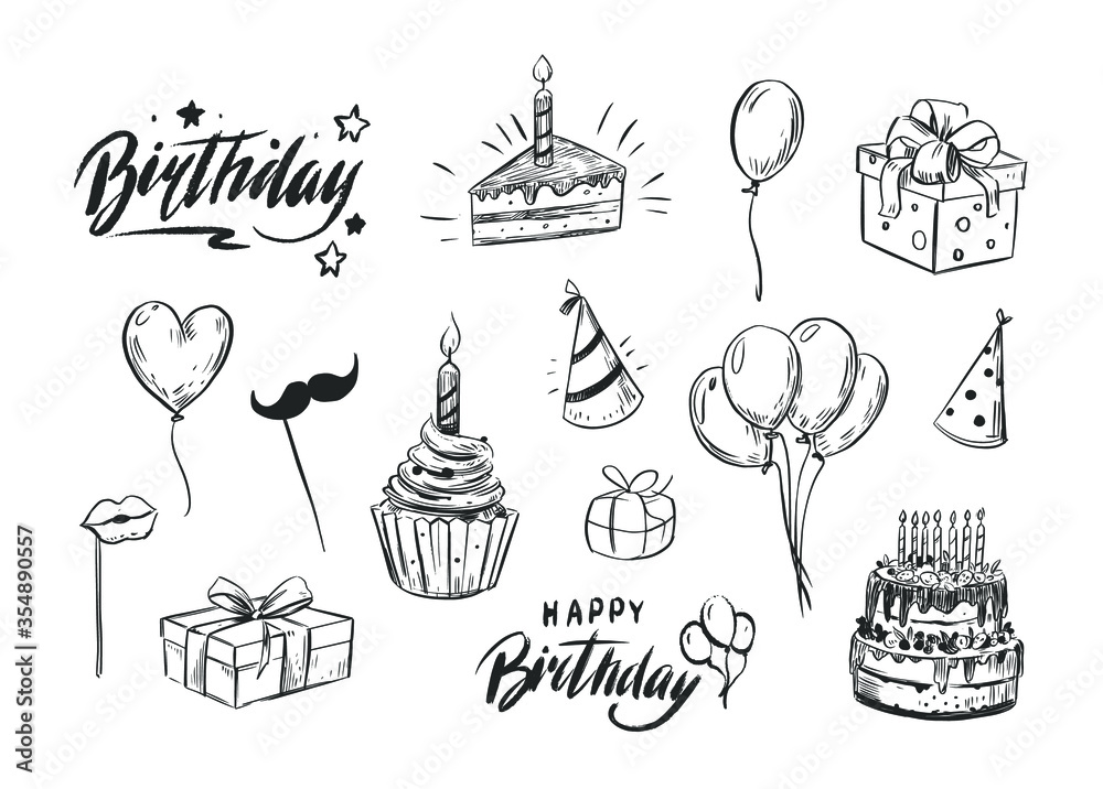 Set of birthday objects. Cupcake, balloons, present box,Happy birthday ...