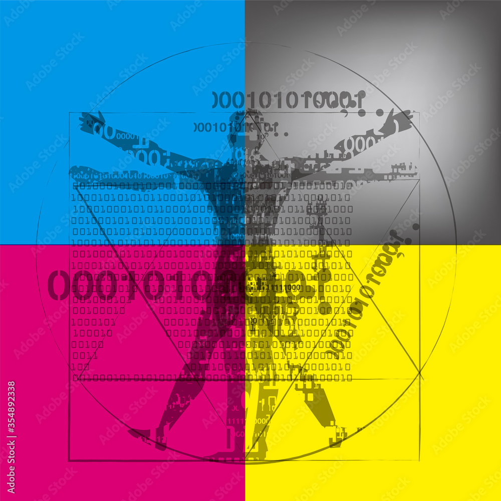 Vitruvian man with binary codes on CMYK colors background. Futuristic ...