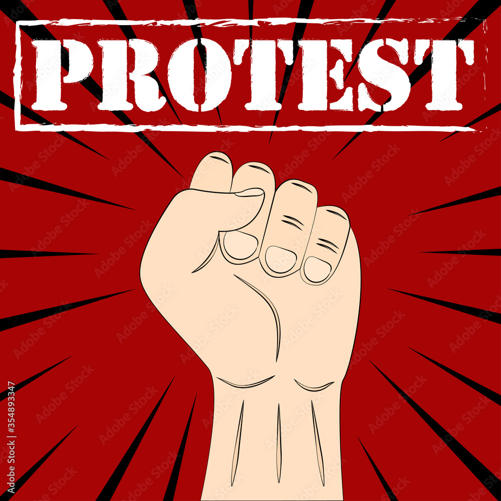 A raised human fist of a protestor with lettering. Raised hand with ...