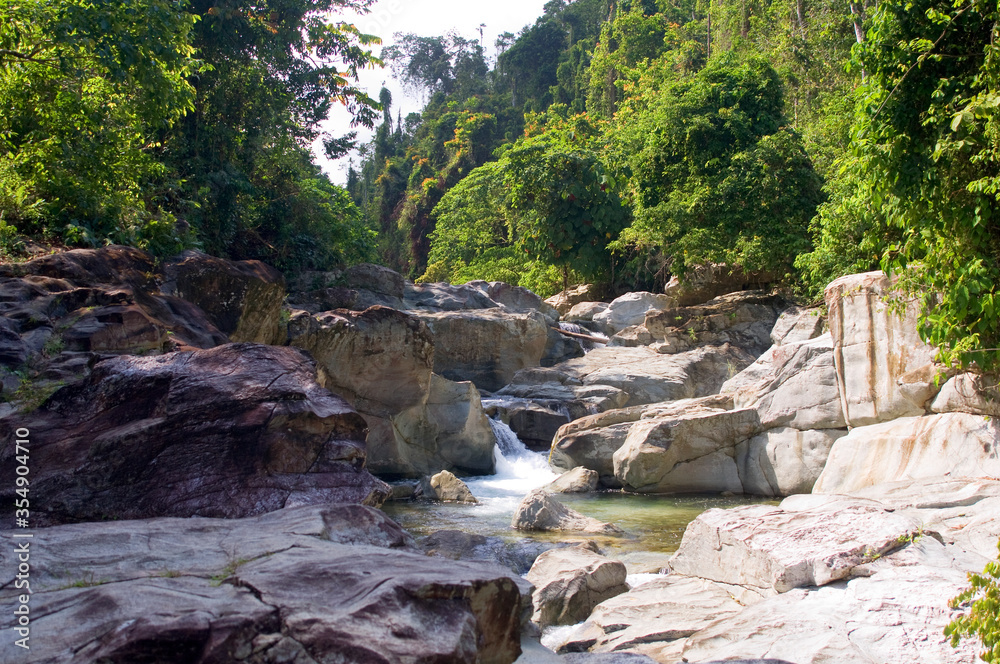 Amazing river with smooth rocks and series of waterfalls in the ...