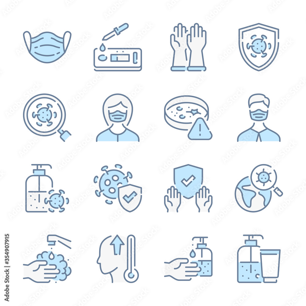 Virus and coronavirus and Covid test related blue line colored icons ...