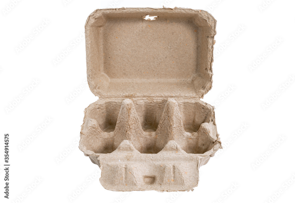 Empty egg carton recycle paper, front view, opened, isolated on white ...